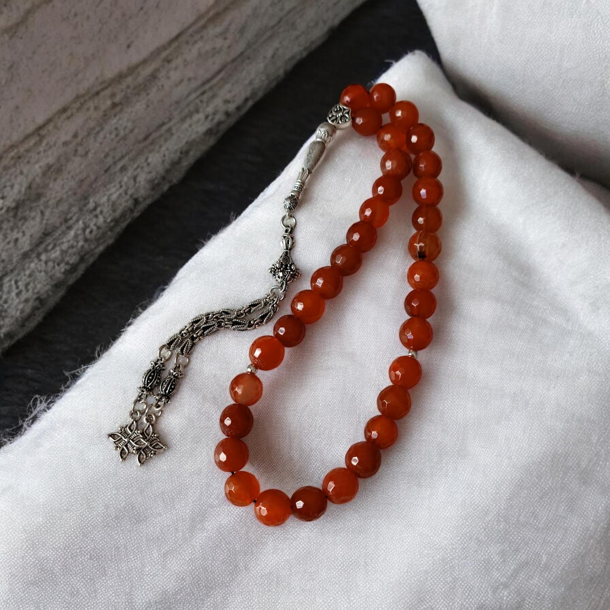 Faceted Agate Tasbih, Orange Aqeeq Misbah, Round Rosary Beads, Gemstone ...