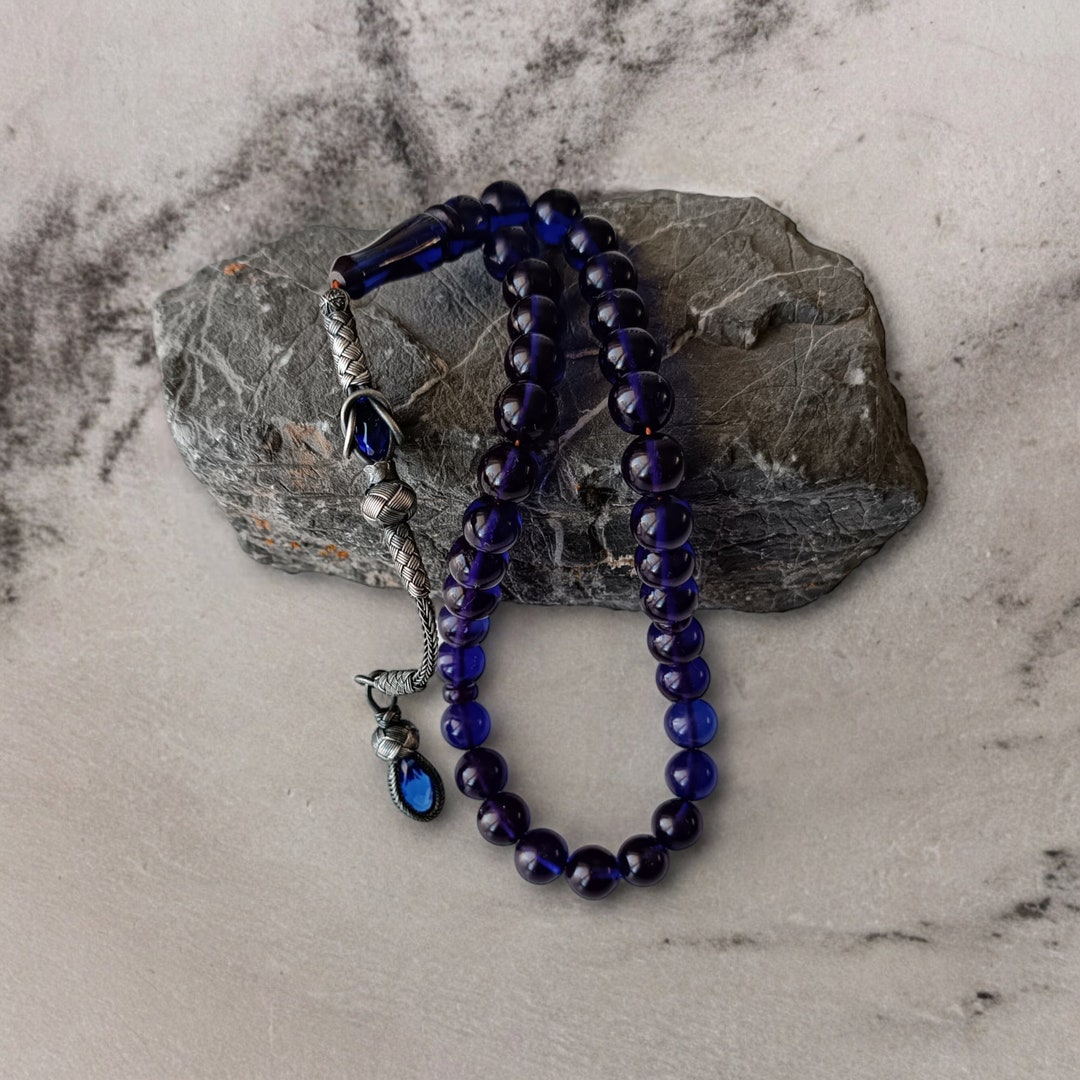 Navy Blue Rosary, Tasbih 33, Fire Amber Tasbeeh, 1000 Carat Silver ...