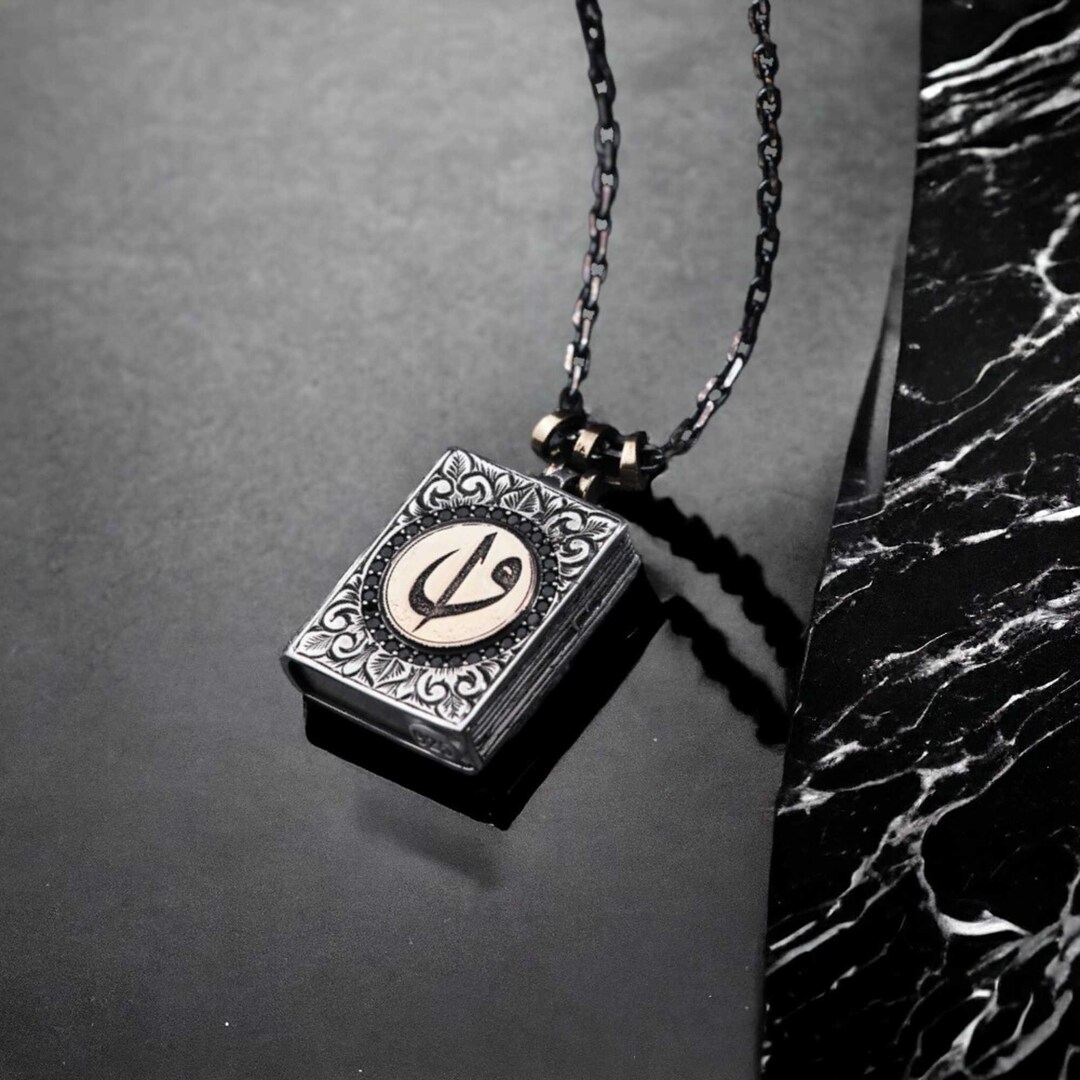Book Shaped Elif and Vav Talisman, Engraved Silver Pendant, Sterling ...