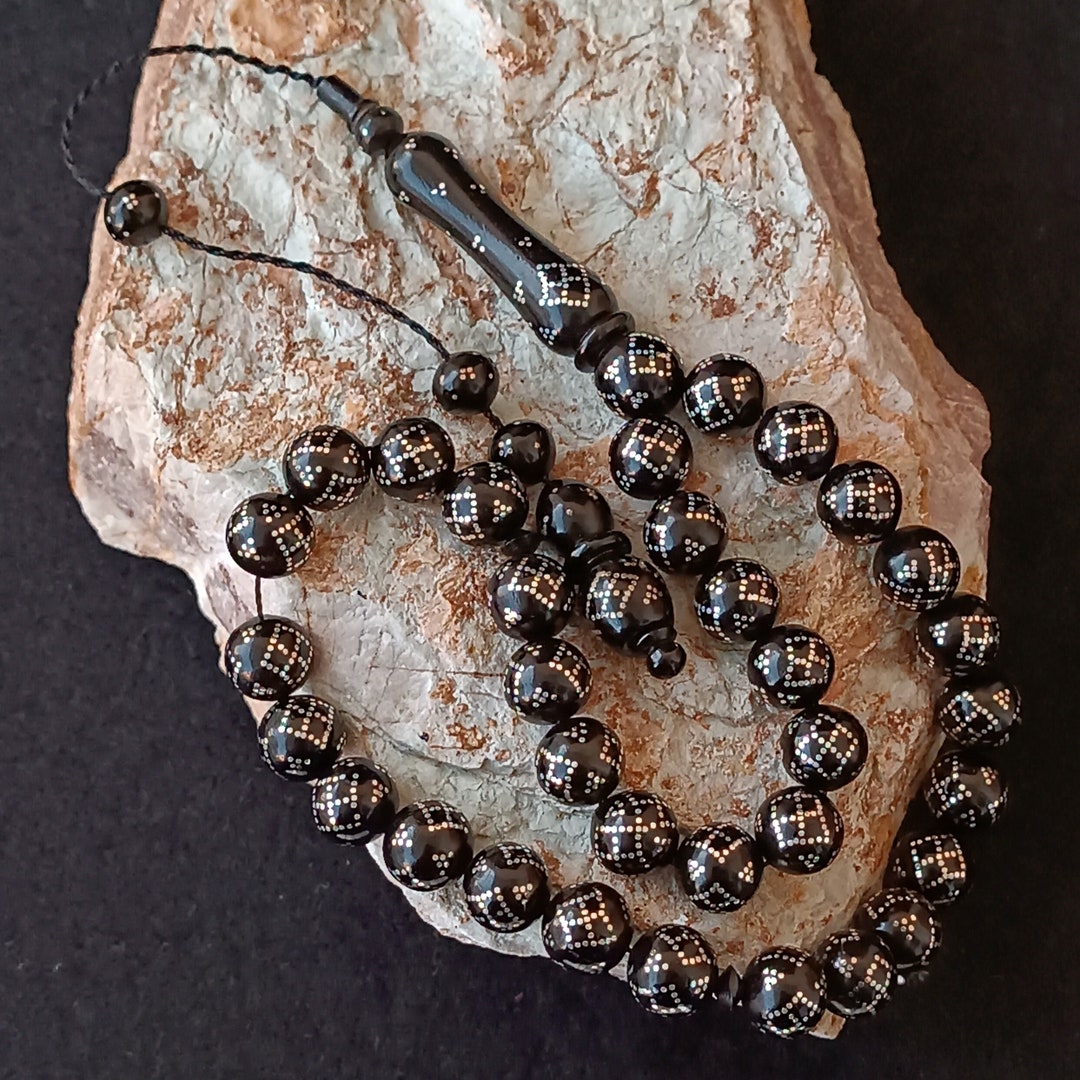 Kuka Tree Tasbih, Silver Inlaid Subha, Black Prayer Beads, Muslim ...