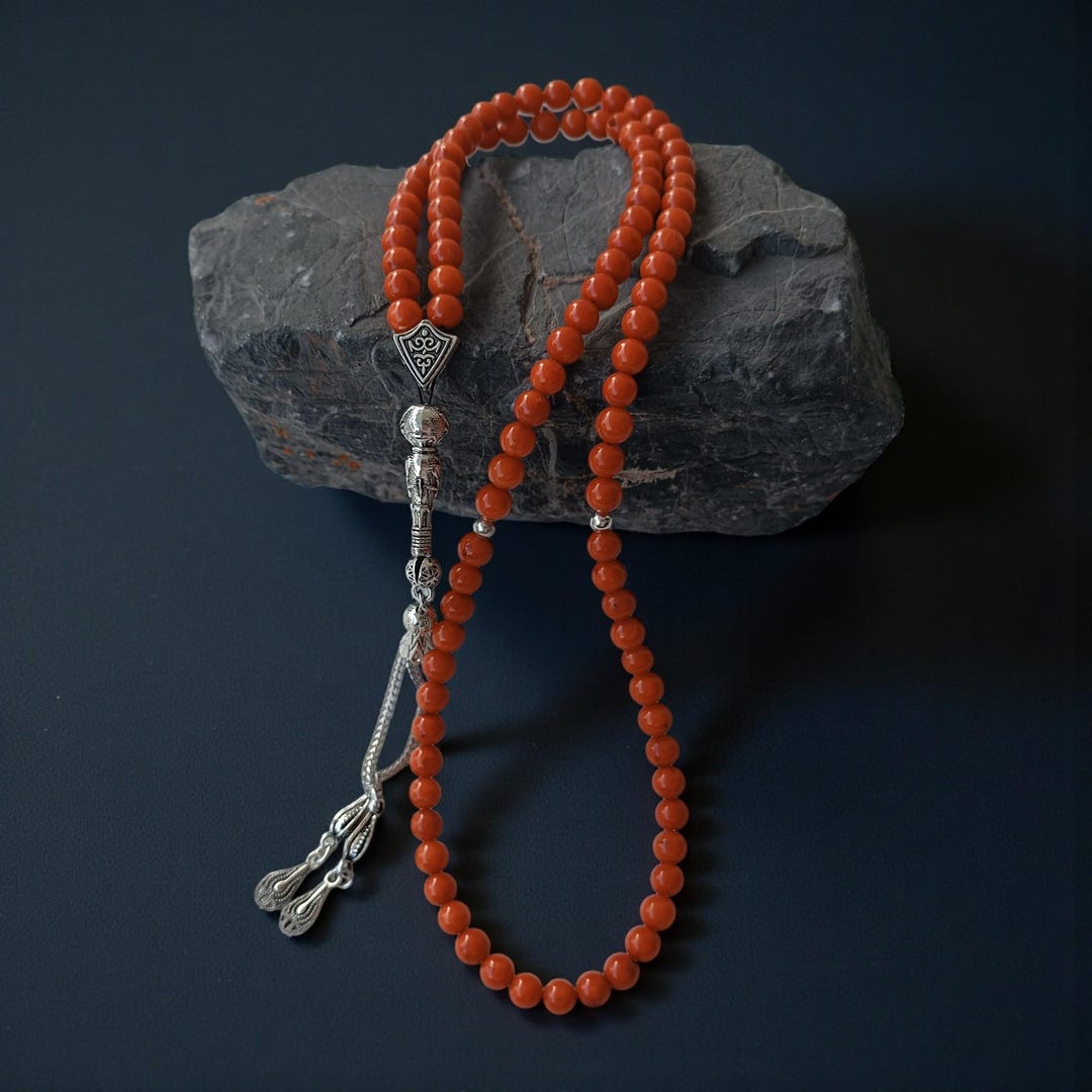 Red Gemstone Misbah, Coral Prayer Beads, Rosary Necklace, Natural Stone ...