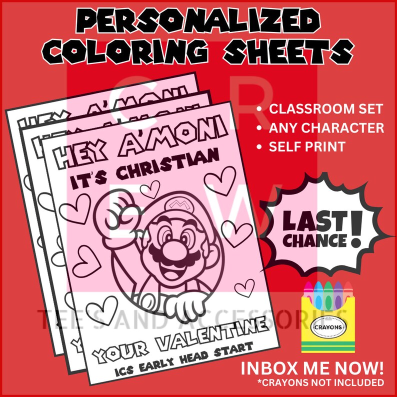 VALENTINE'S DAY PERSONALIZED Coloring Sheets- Any Character - Etsy