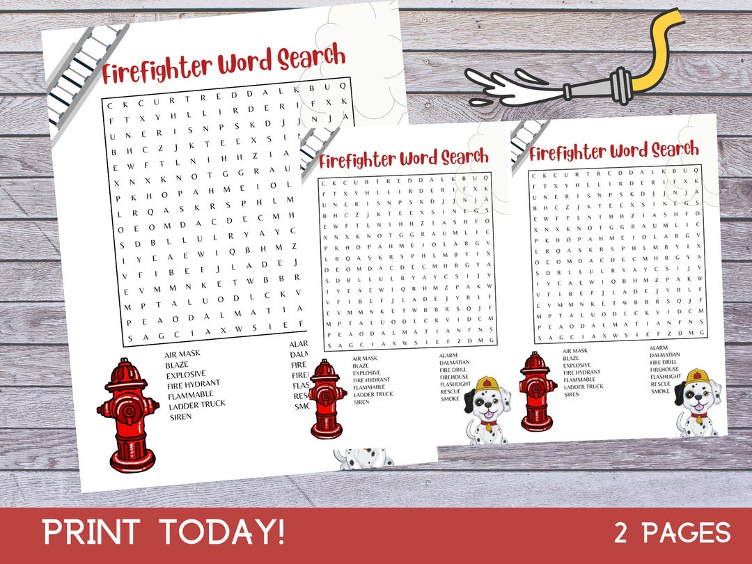 Firefighter Word Search for Kids, Printable Game Worksheet, Firefighter ...