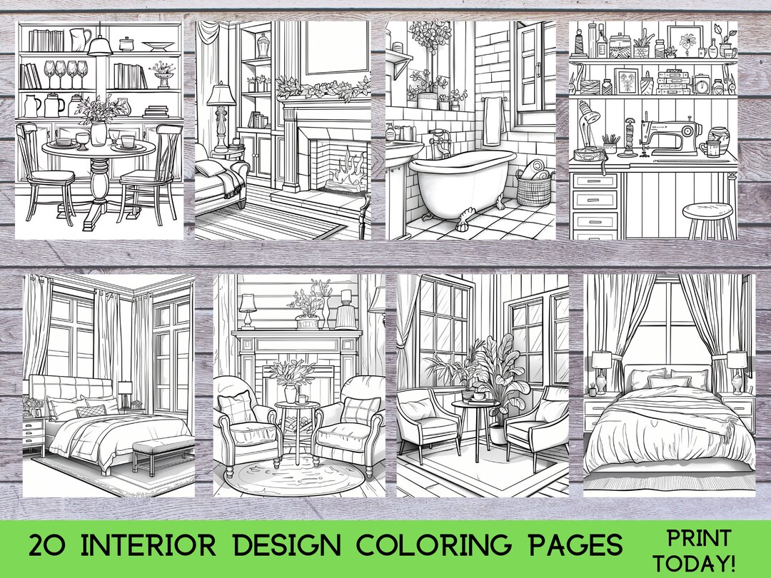 20 Cozy Interior Design Coloring Pages, Relaxing Coloring Book for ...