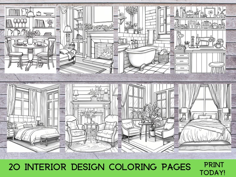 20 Cozy Interior Design Coloring Pages, Relaxing Coloring Book for ...