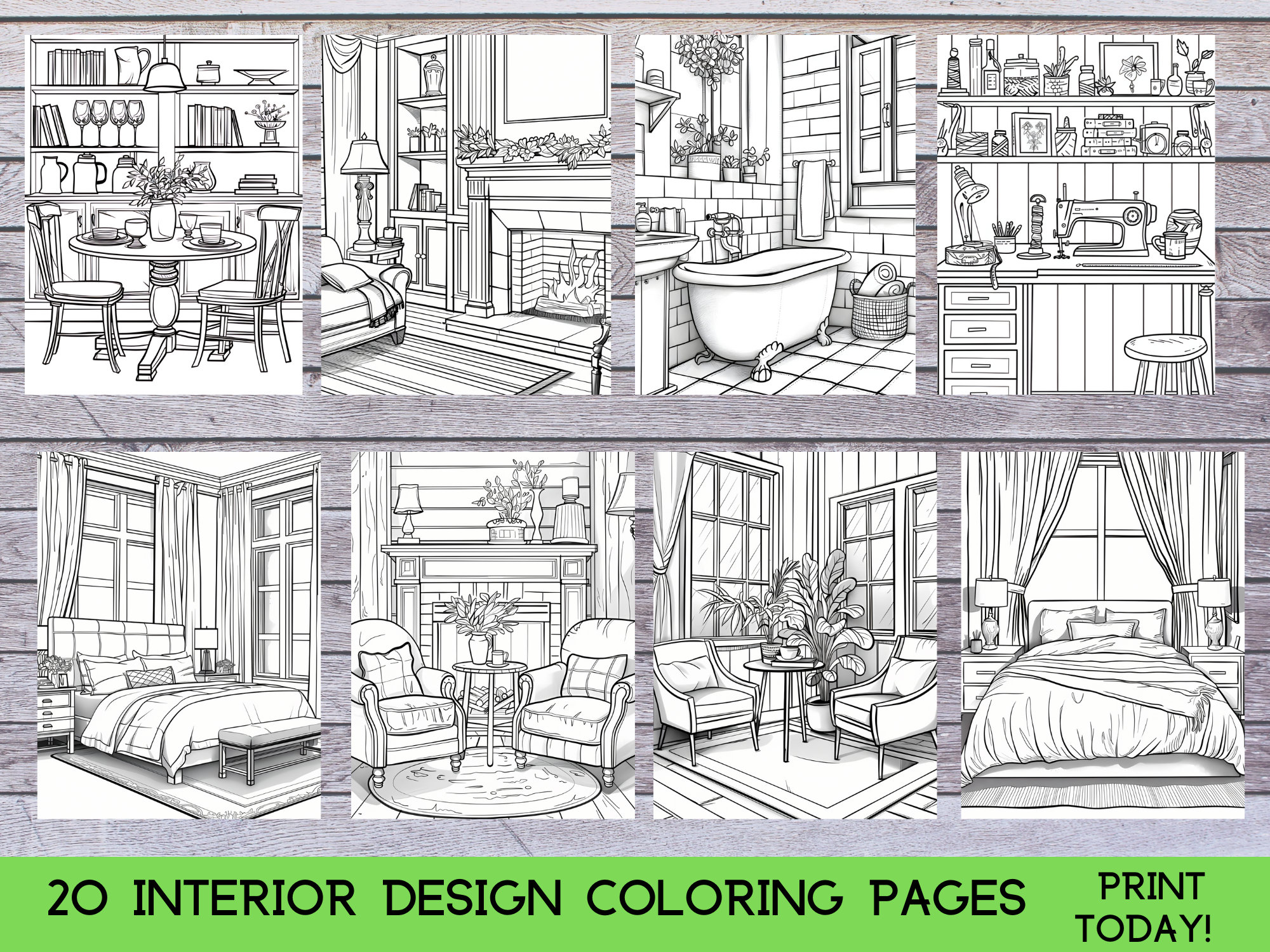 20 Cozy Interior Design Coloring Pages, Relaxing Coloring Book for ...