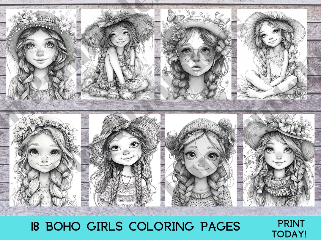18 Boho Girls Coloring Pages, Grayscale Coloring, Fantasy Coloring ...
