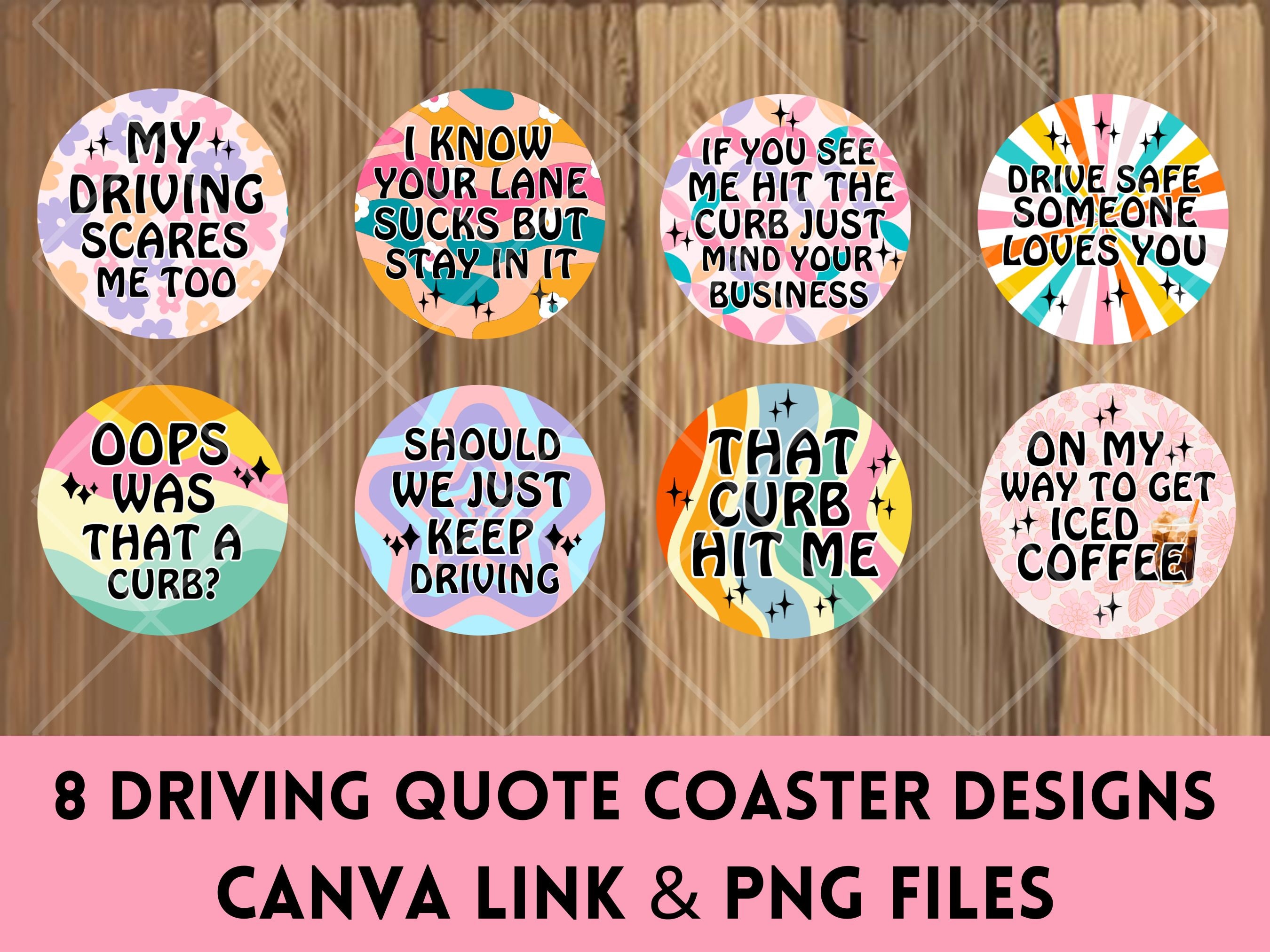 Retro Car Coaster Bundle, Car Coaster PNG, Funny Driving Quotes Round ...