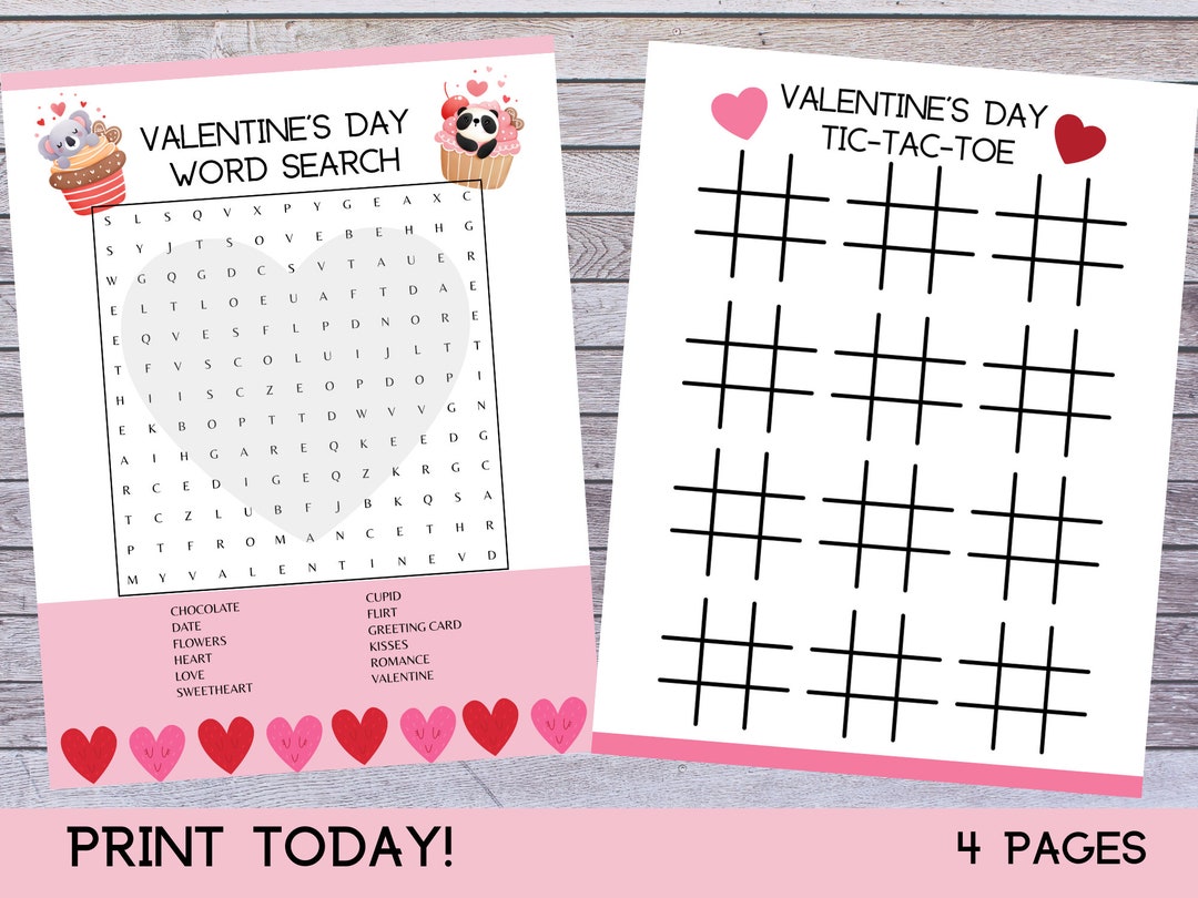 Valentine's Day Word Search and Tic-tac-toe, Printable Valentine's Day ...
