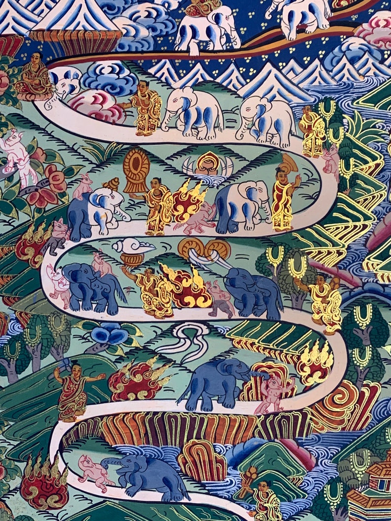 Transformation of Elephant. Vintage Way to Nirvana Thanka.monk Taming ...