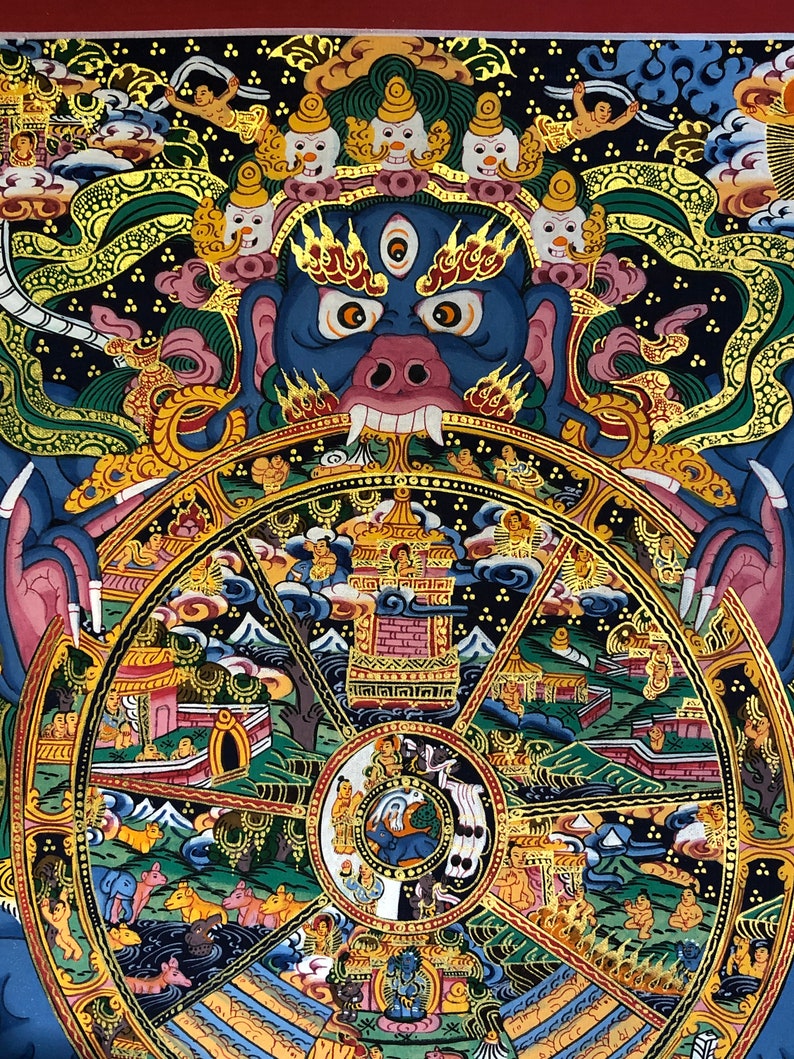 38x30 Cm Wheel of Life Thangka. Wheel of Existence, Samsara and Nirvana ...