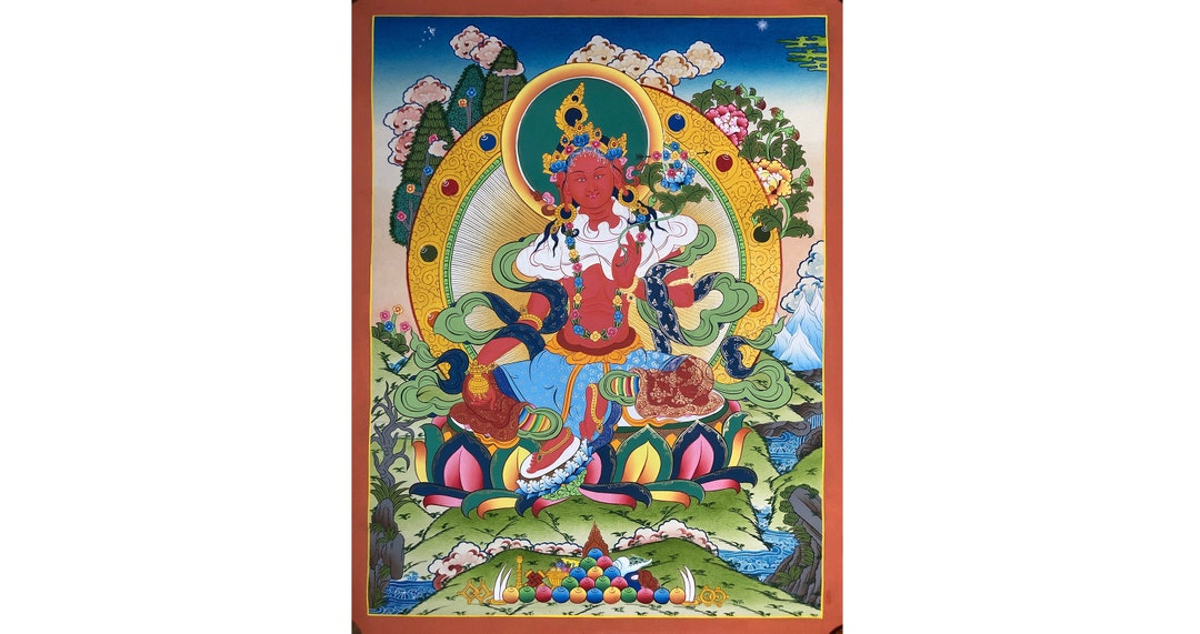 Beautiful Red Tara Thangka Painting. Painted Tara With Brocade ...