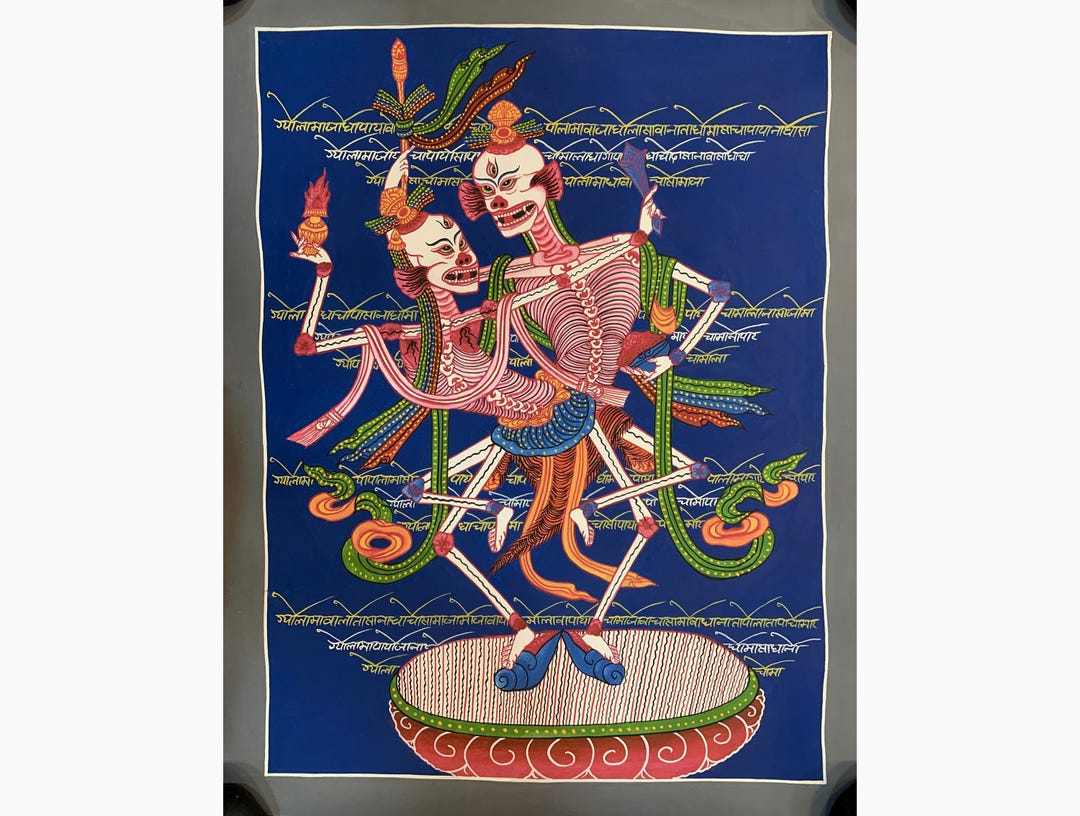 Hand Painted Chitipati Thangka: Dancing Skeleton Couple Art, 39x50 Cm ...
