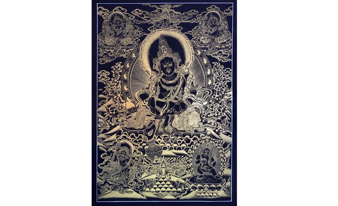 Black and Gold 5 Dzambhala Set Thangka. Jambhala Thangka. Tibetan ...
