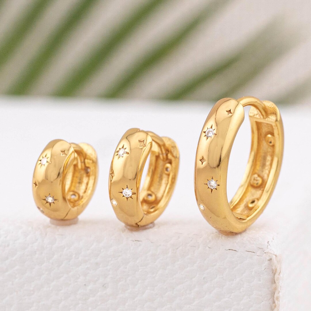 Celestial Thick Huggie Hoop Earrings, Small 14K Gold Filled or Silver ...