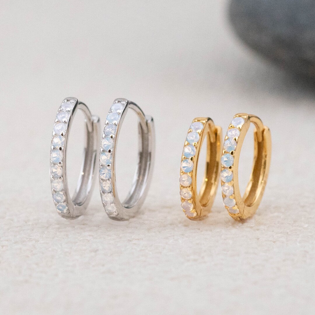 Opal Hoop Stacking Small Huggie Earrings, Opal Hinged Clicker Hoops ...
