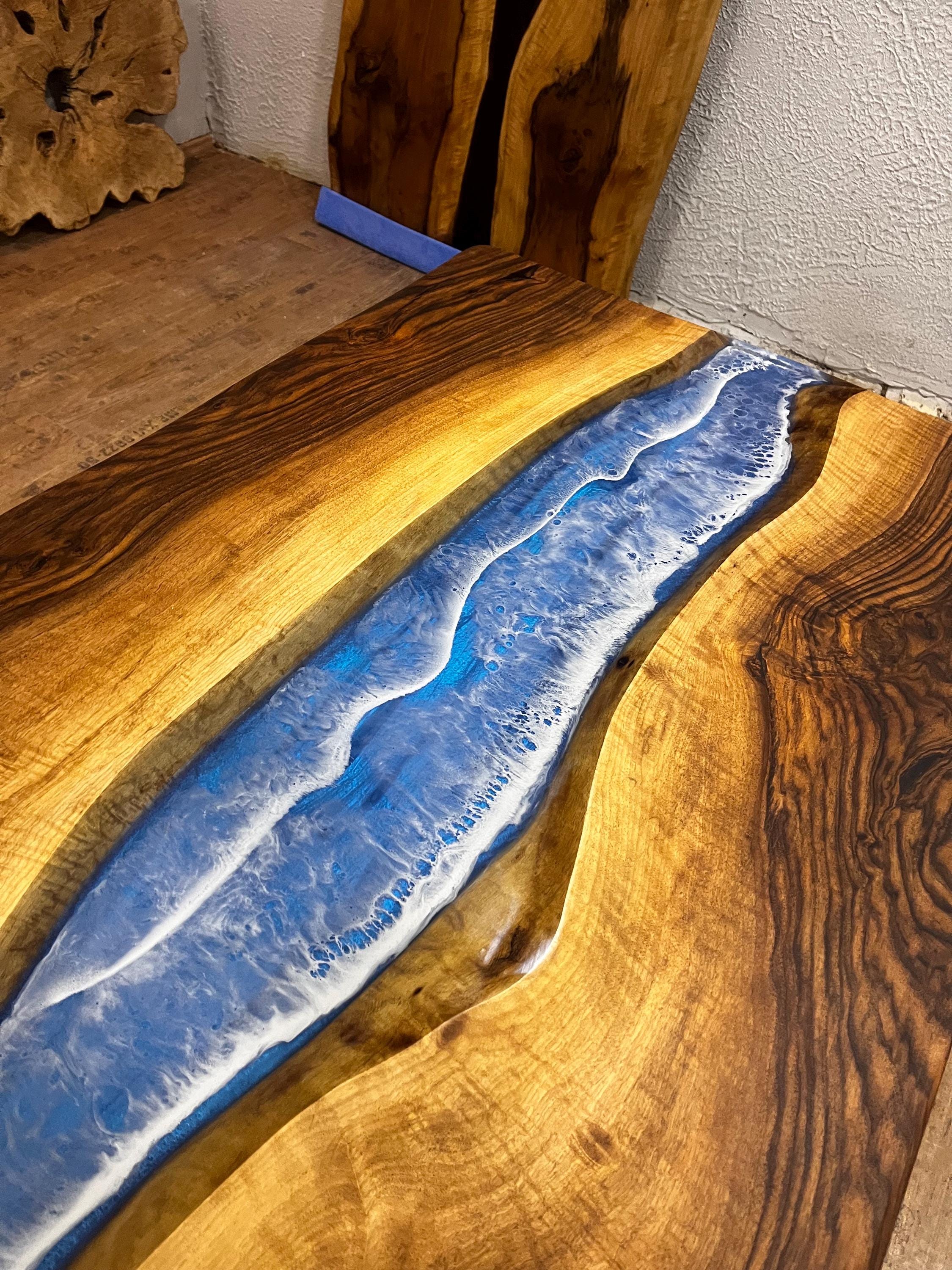 Custom Order Walnut Wood Sea Ocean Blue White Epoxy Table , Resin River ...