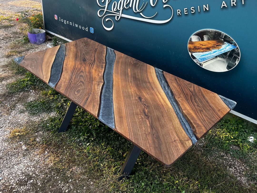Custom Epoxy Dining Table , Natural Walnut Wood, Live Edge Table ...