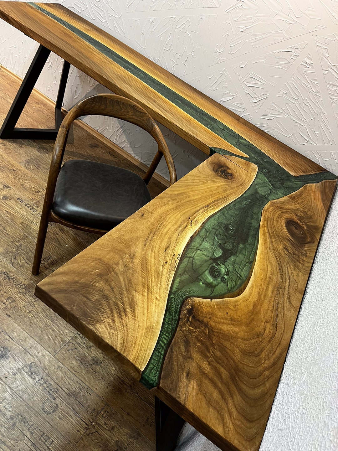 L Shape Desk Green Epoxy Table Special Desk Walnut Resin Table Epoxy ...