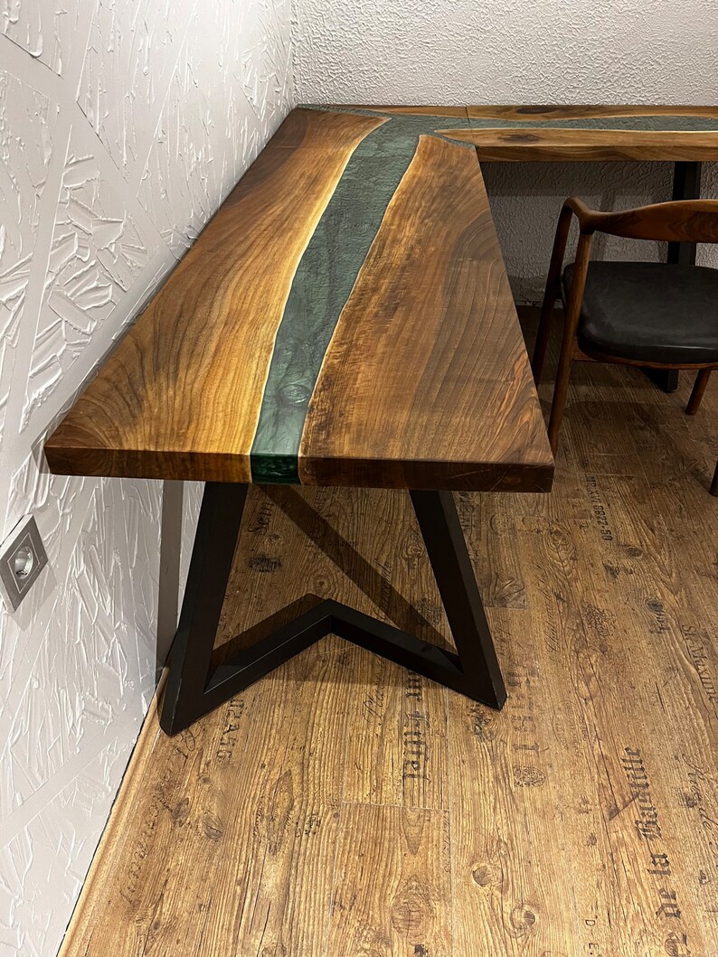 L Shape Desk Green Epoxy Table Special Desk Walnut Resin Table Epoxy ...