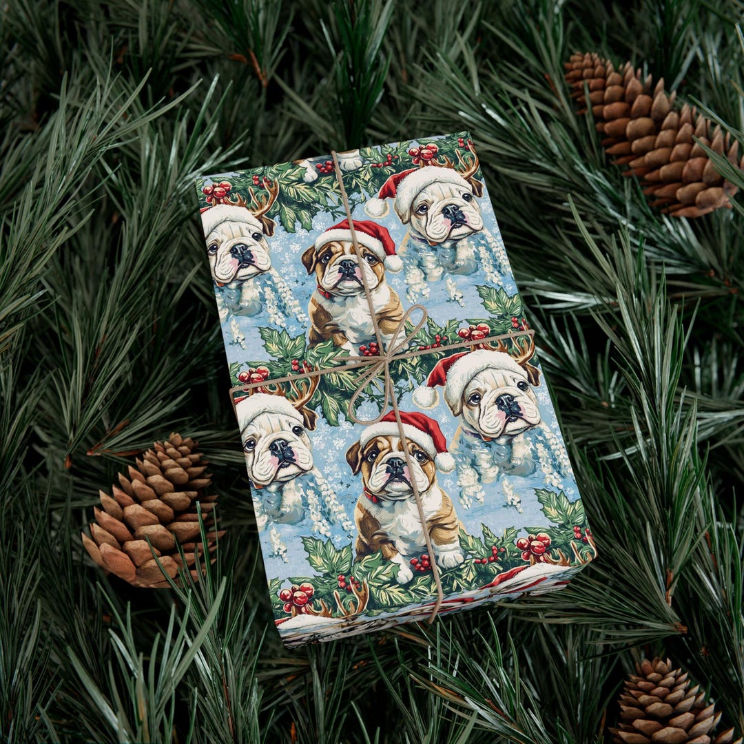 Bulldog Christmas Wrapping Paper, Bulldogs With Santa Hats, Colorful ...
