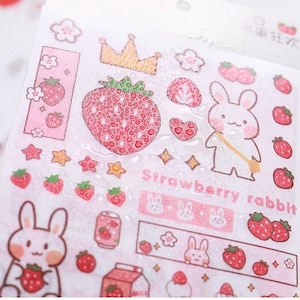 Cute Strawberry Rabbit Translucent Sticker Sheets I Kawaii Fruit Candy ...