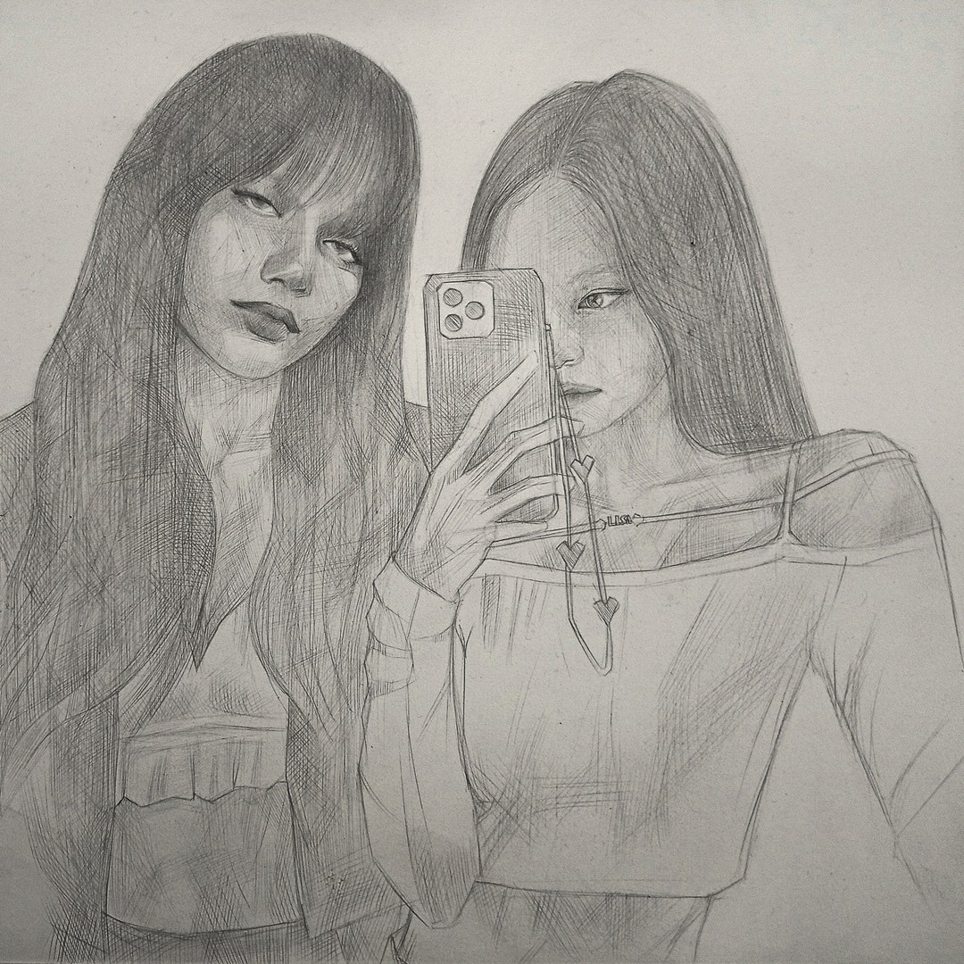 Jenlisa Mirror Selfie Fanart Black Jennie and Lisa Pencil Drawing - Etsy