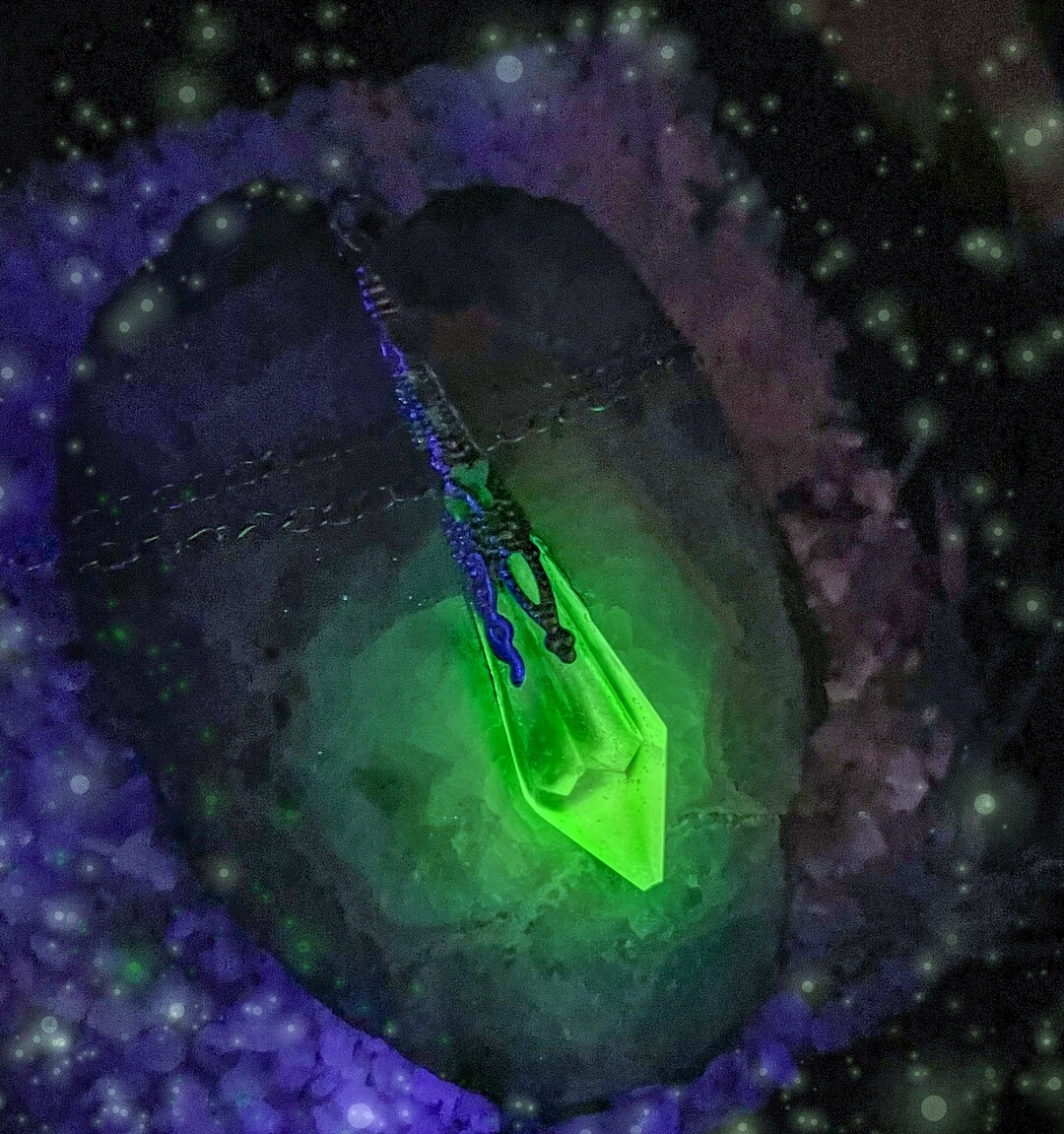 POISON DROP GLOW Neon Green Crystal Made of Resin With Silver Necklace ...