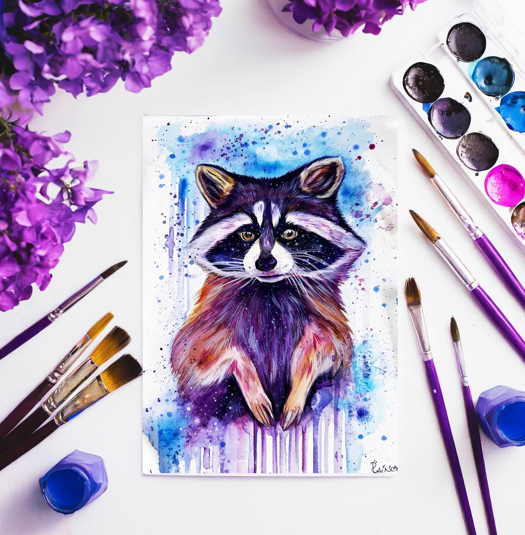 GALAXY RACCOON WATERCOLOR Painting Hand-painted on Cardboard / Cute ...