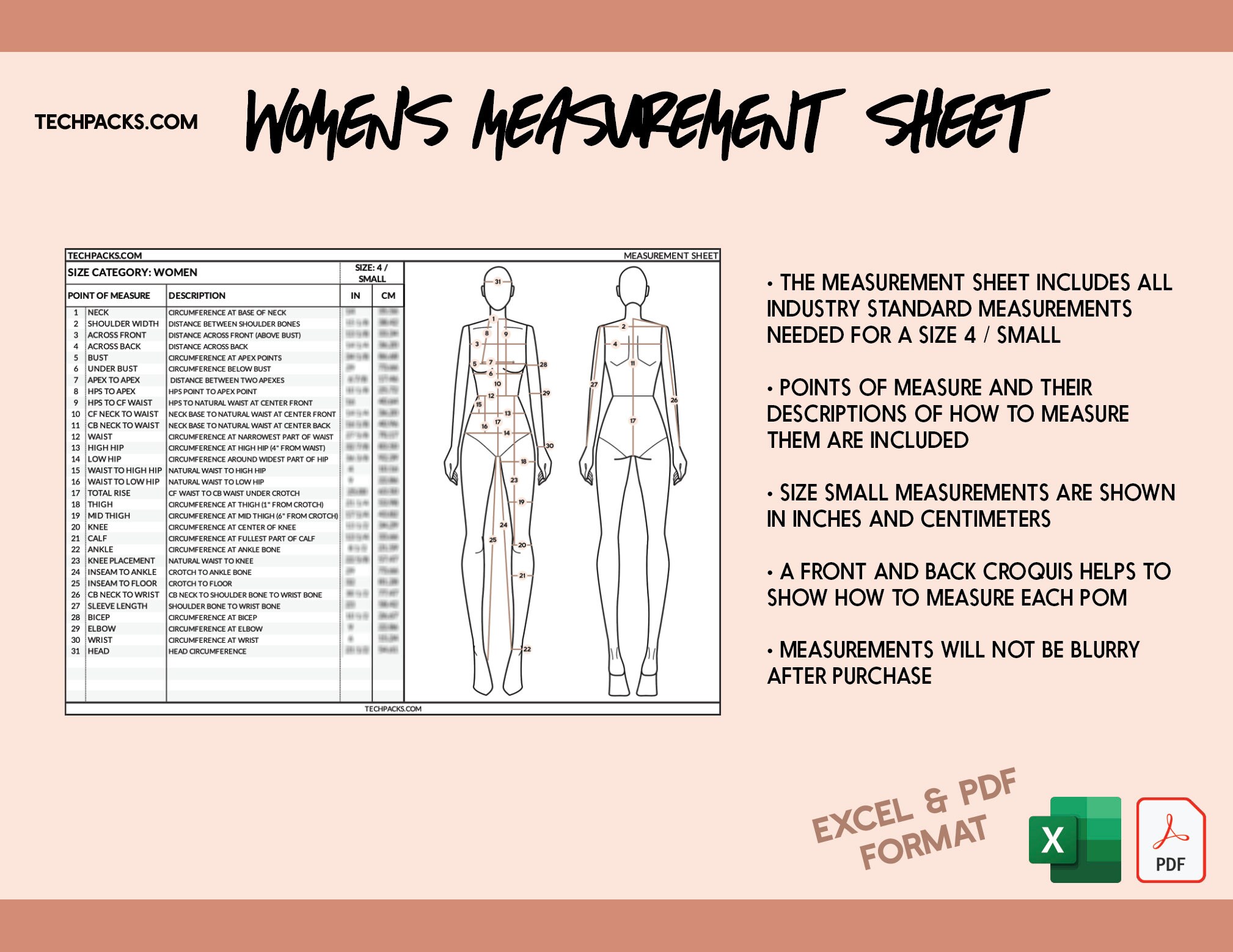 Apparel Measurement Sheet for Women • Size Small + Fit Model Casting ...