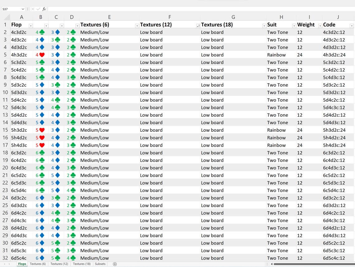 1755 Flops and 6/12/18 Textures in Excel | Poker Study | Texas Holdem ...