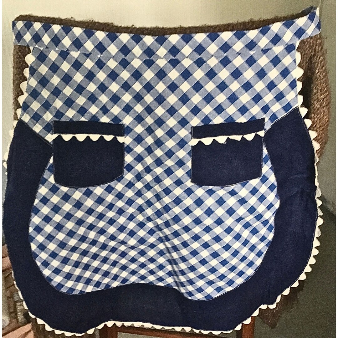 Vintage Blue Gingham Half Apron: Navy Border, White Rickrack, Cottage ...