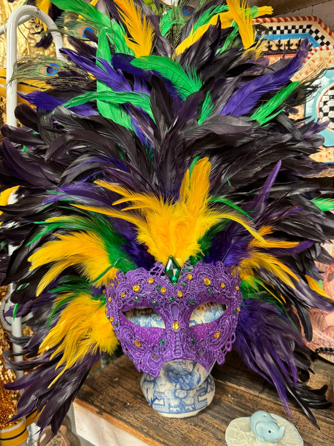 Royale Artisan Mardi Gras Mask and Feathered Headdress - Etsy