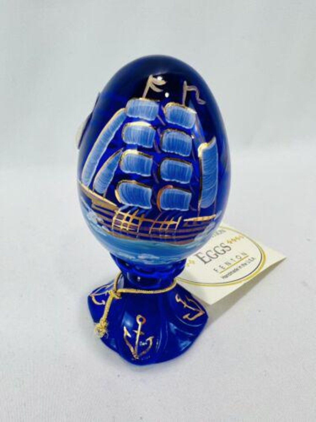 Fenton Glass Cobalt Blue Egg Ship Boat 2 Mast Schooner Ocean Nautical ...