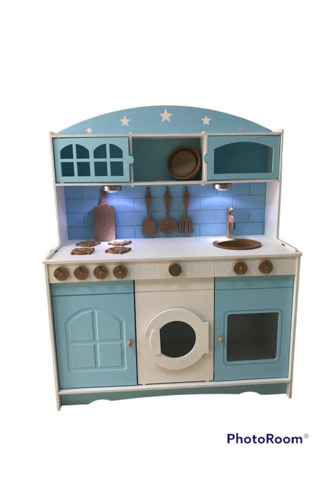 Blue Wooden Kids Kitchen Playset With 7 Cooking Accessories, Montessori ...