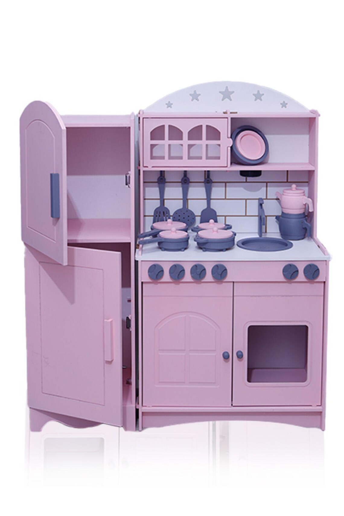Pink Wooden Toy Kitchen With Double Door Fridge, Cookware Set Included ...