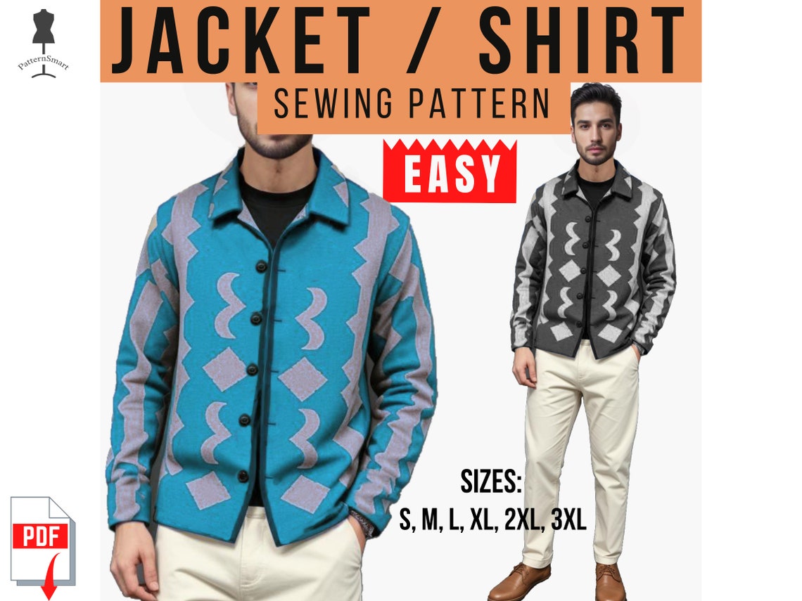 Men's Shirt / Jacket Pattern PDF Download to Sew Diy Man's, Piece of ...