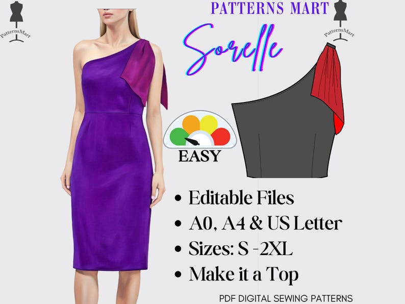 One Shoulder Dress Sewing Pattern With Bow (PDF Download) - Etsy