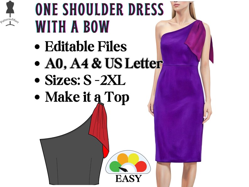 One Shoulder Dress Sewing Pattern With Bow (PDF Download) - Etsy