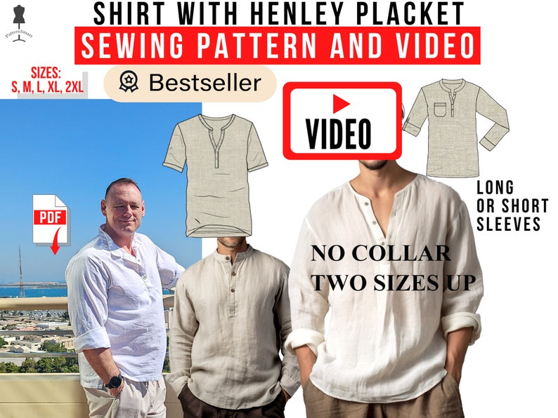 Men's Henley Shirt Sewing Pattern | Long or Short Sleeve, Video ...