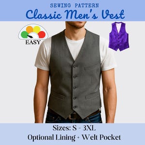 Men's Waistcoat Sewing Pattern | Classic Suit Vest | Easy Pattern for ...