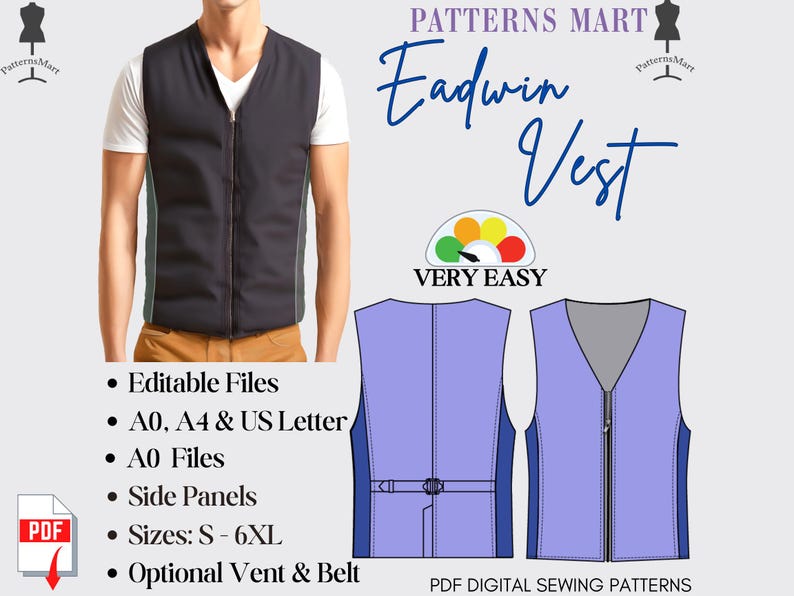 Men's Vest Sewing Pattern: Zippered V-neck, Sizes S-6XL (PDF Download ...