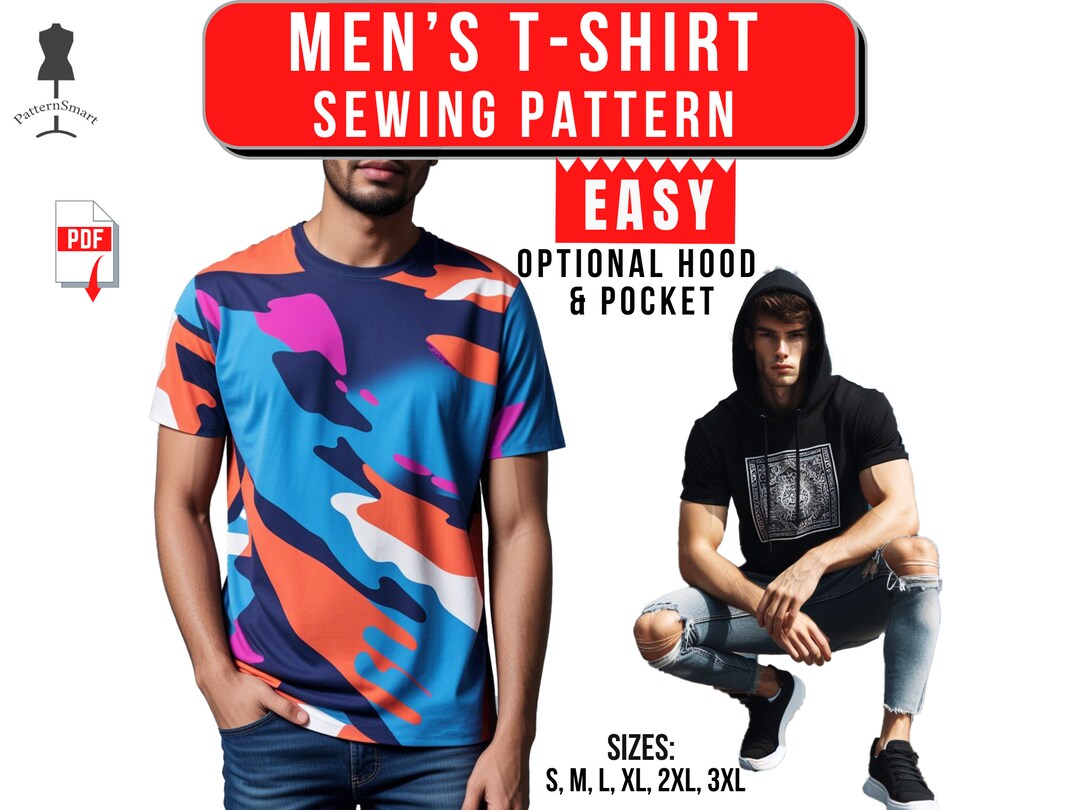 Men's T-shirt PDF Sewing Pattern With Optional Hood and Pocket ...