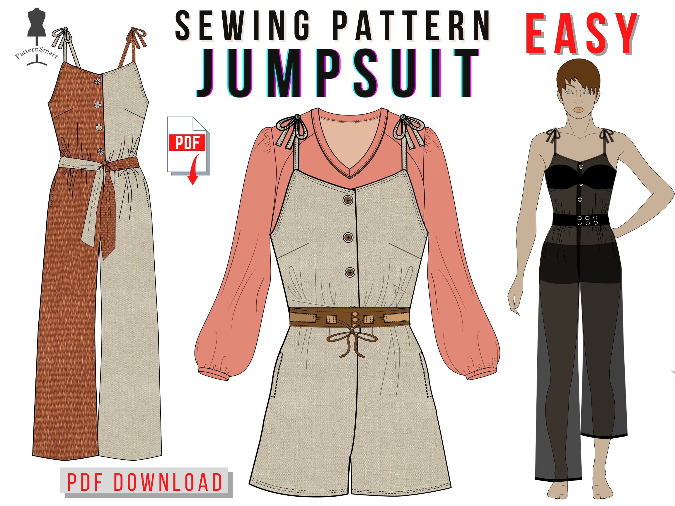 Jumpsuit Sewing Pattern PDF Download to Sew Boho Jump Suit. Diy, Trendy ...