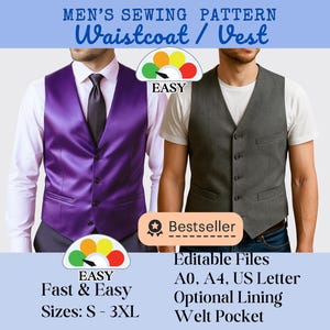 Men's Waistcoat Sewing Pattern | Classic Suit Vest | Easy Pattern for ...