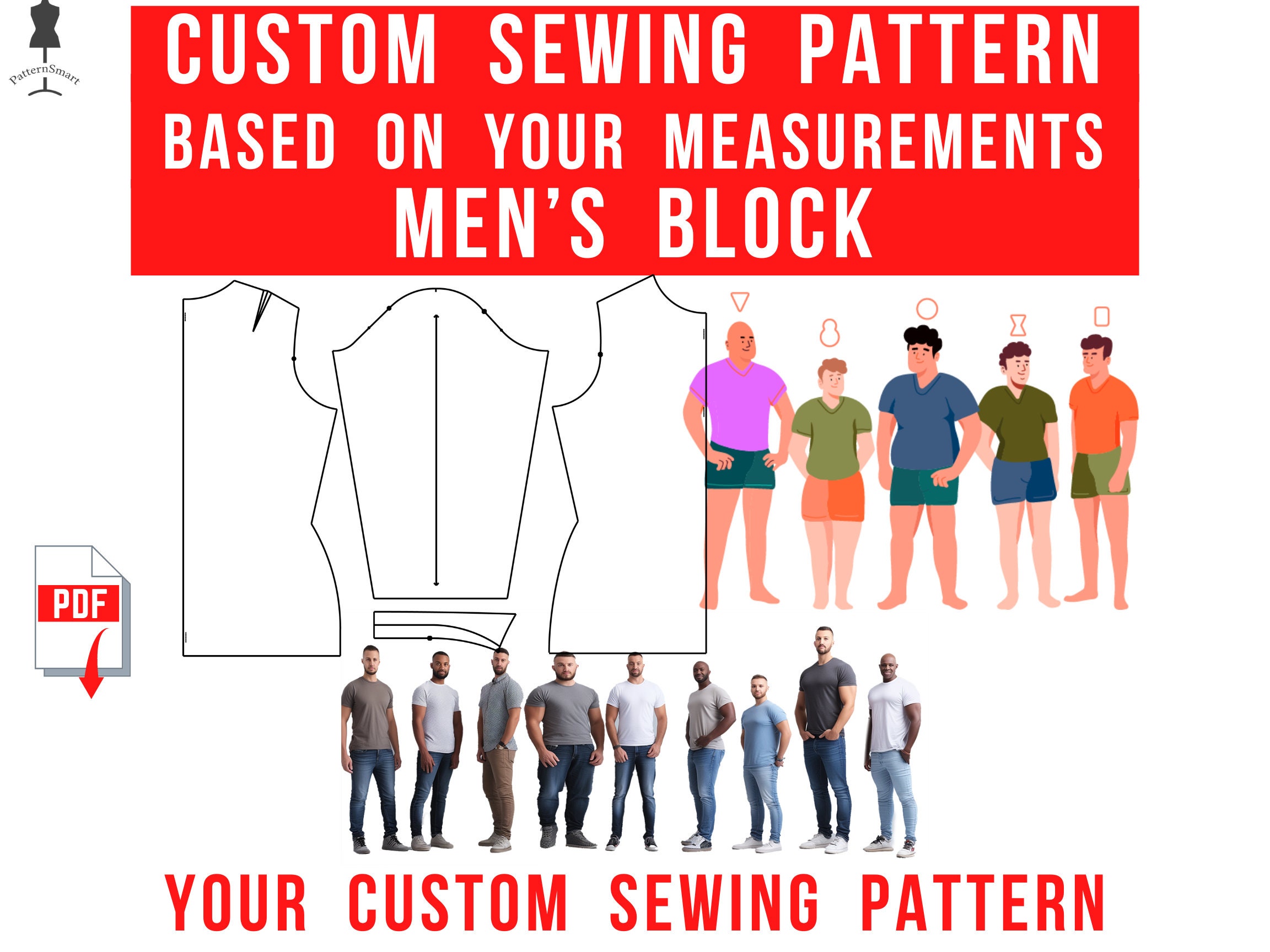 Custom Sewing Pattern Men's Block Pattern Based on Your Measurements ...