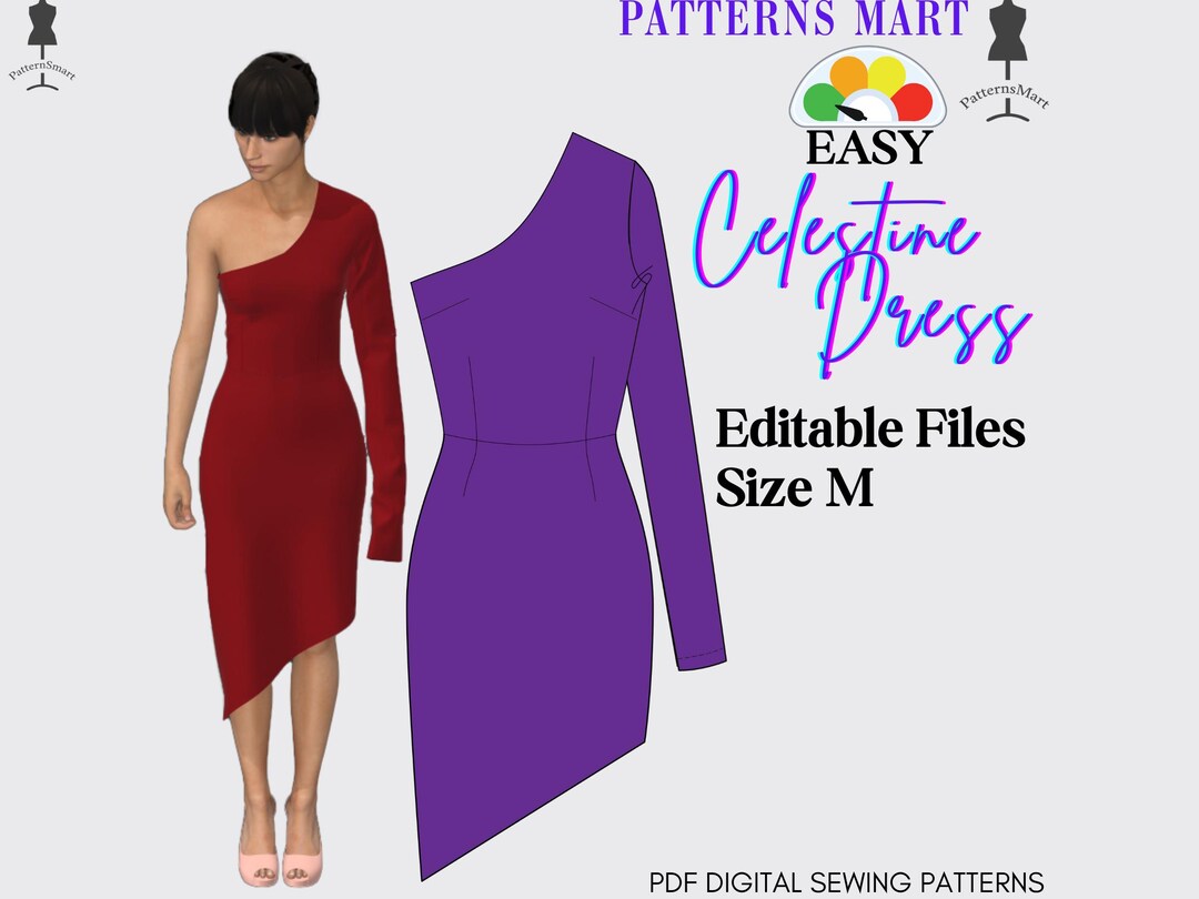One Shoulder Long Sleeve Dress Sewing Pattern - Size M (PDF Download ...
