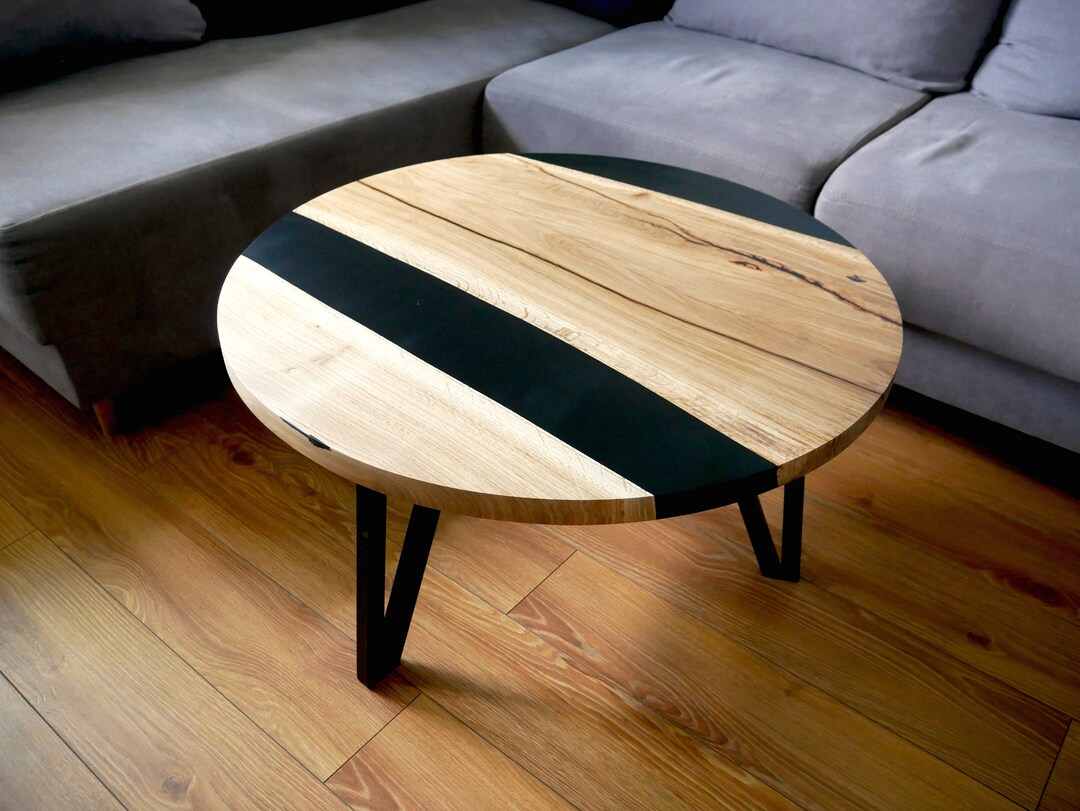 Custom Made Round Coffee Table in Oak Wood and Epoxy Resin, Unusual ...