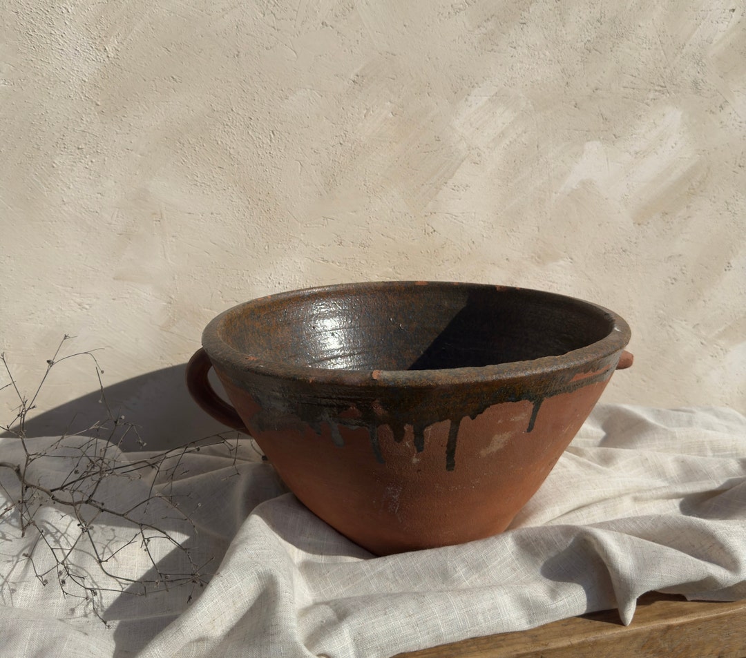 Large Vintage Handmade Terracotta Bowl - Decorative Glazed Coffee Table ...