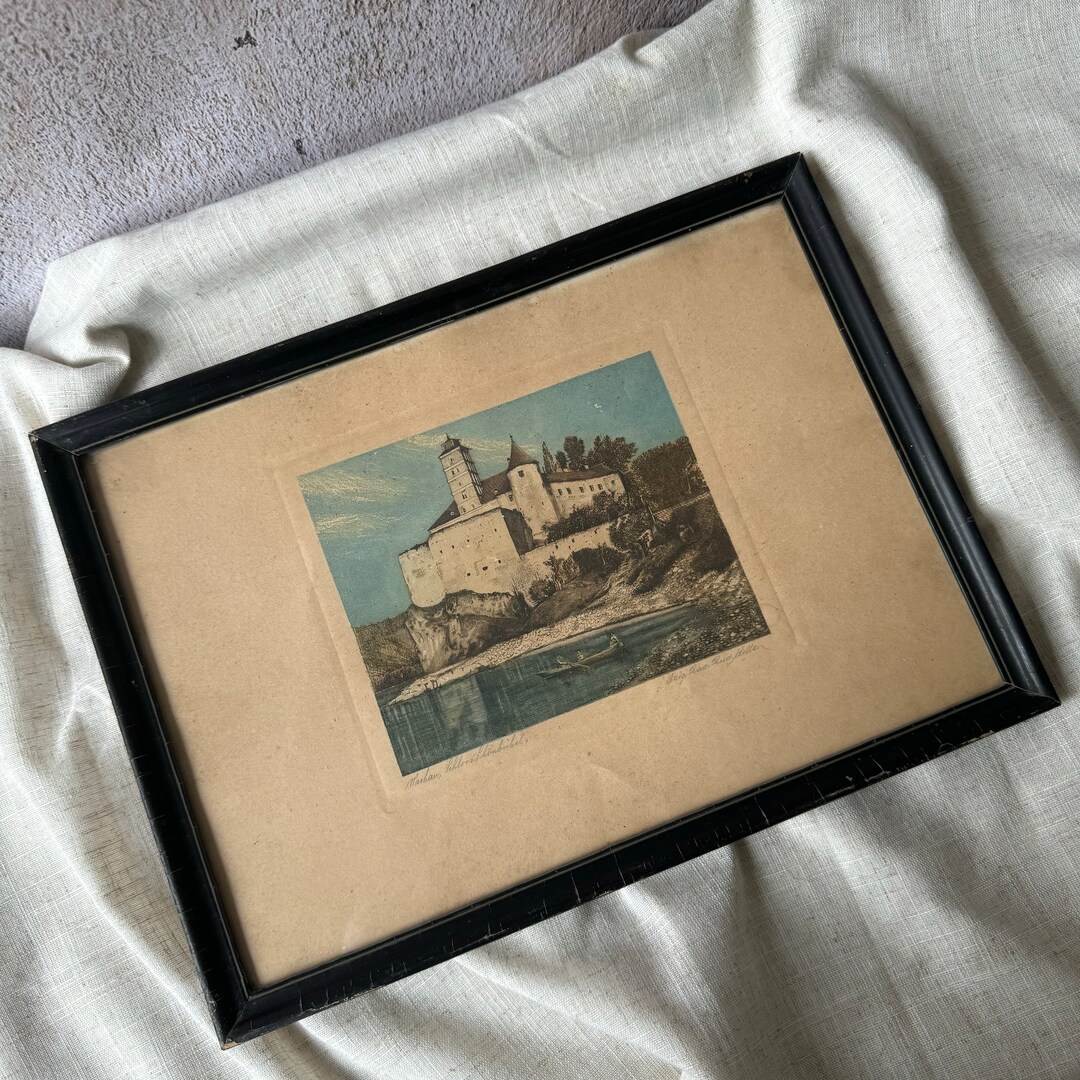 Original Etching of a Castle, European Framed Painting, Moody Farmhouse ...